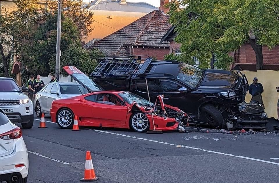 Rare Ferrari crashes into and upends pickup truck on Melbourne street ...
