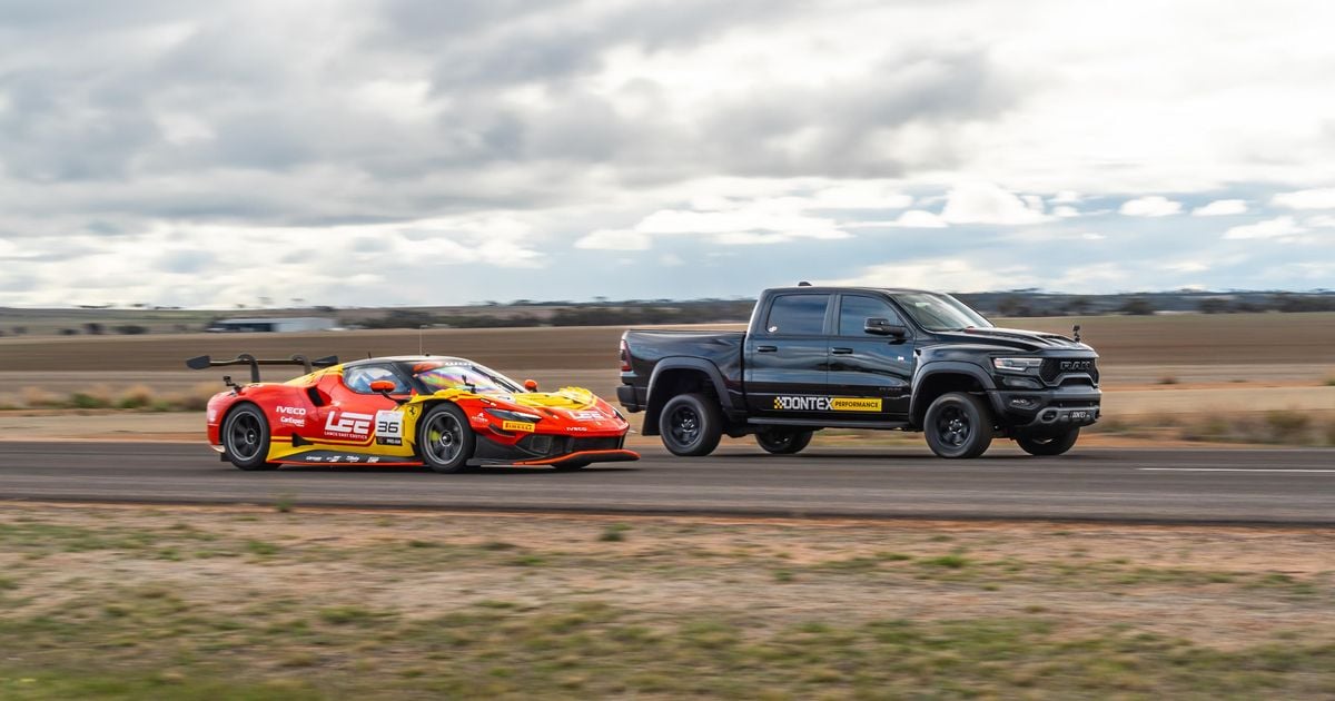 1200hp RAM TRX vs Ferrari 296 GT3 race car drag race | CarExpert